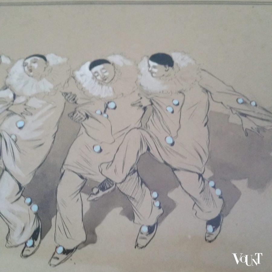 Tekening groep zingende en dansende pierrots, Henricus Jansen, rond 1900