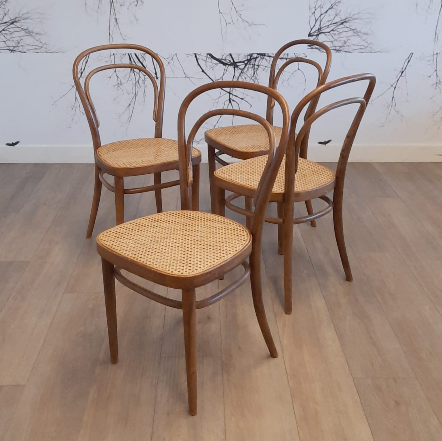 Set van 4 originele bruine Thonet-stoelen nr. 214 R, jaren '70
